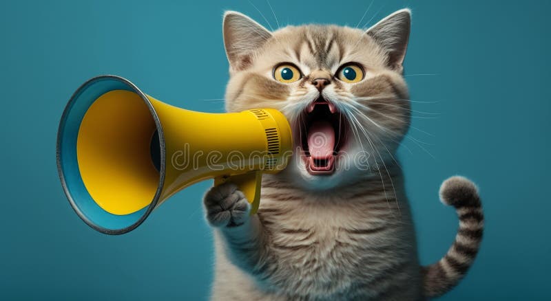 Cute Cat Holds a Yellow Loudspeaker in Its Shouting and Announcing on a ...