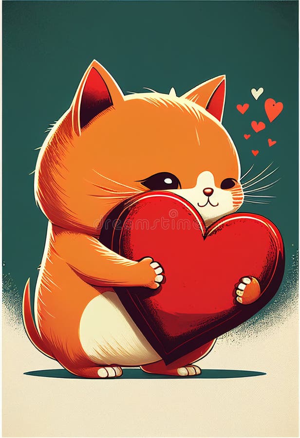 Cute Cat Hugs a Big Heart. AI Generated Stock Illustration ...