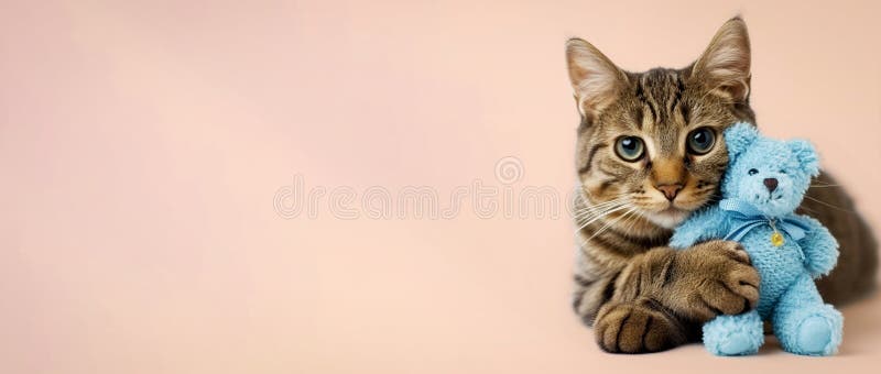 Cute cat hugs a teddy bear stock illustration. Illustration of cozy ...