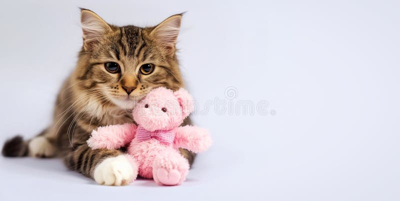 Cute cat hugs a teddy bear stock image. Illustration of mockup - 315271815