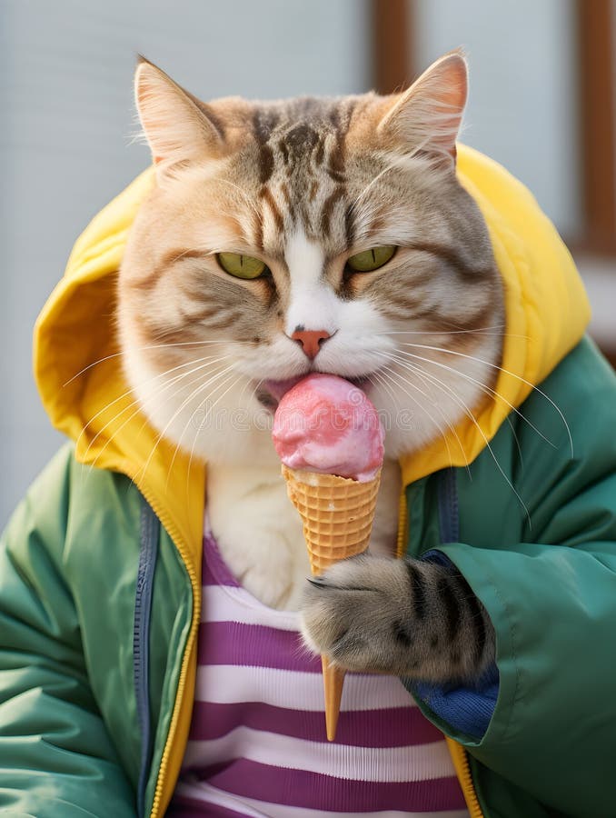 Cute Cat with Ice Cream in a Waffle Cone, Outdoors Stock Illustration ...