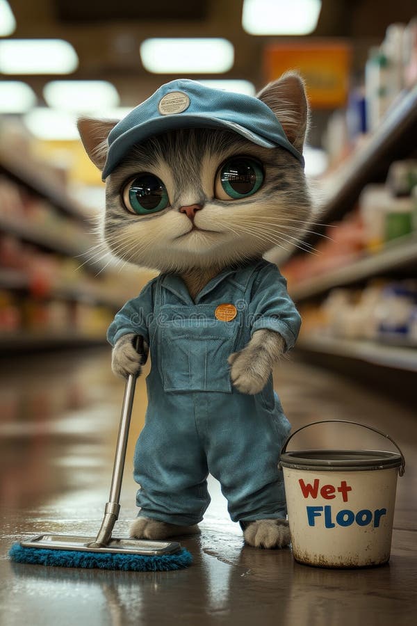 Cute Cat Janitor Cleaning Store Floor Stock Illustration - Illustration ...