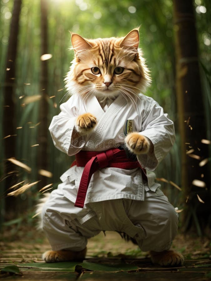Cute Cat in Karate Kimono Training in the Forest Stock Illustration ...