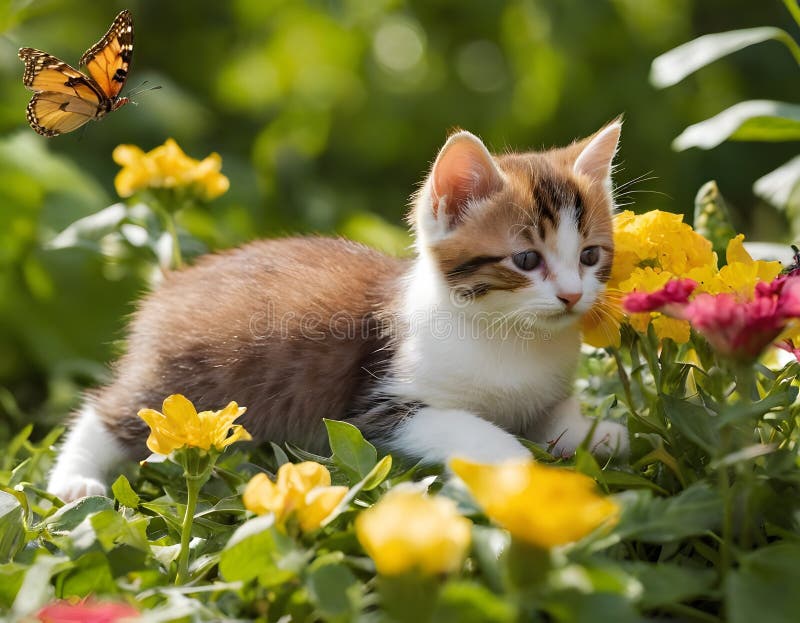 Brown and White Color Cat Kitten in Garden Watching Flowers Under ...
