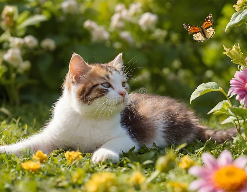 White Cat or Kitten Lying in Garden Under Sunlight Stock Photo - Image ...