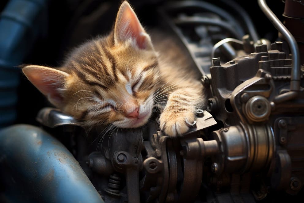 Cute Cat Kitten Sleeping Inside Warm Car Engine Stock Photo - Image of ...