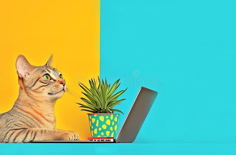 Cute Cat and Laptop, Illustration with Copy Space AI Stock Illustration ...