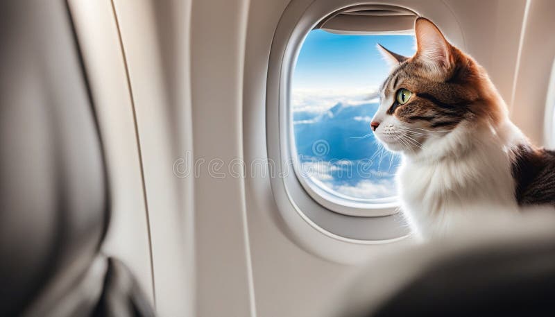 Cute Cat Looking through Airplane Window during Flight. Traveling with ...