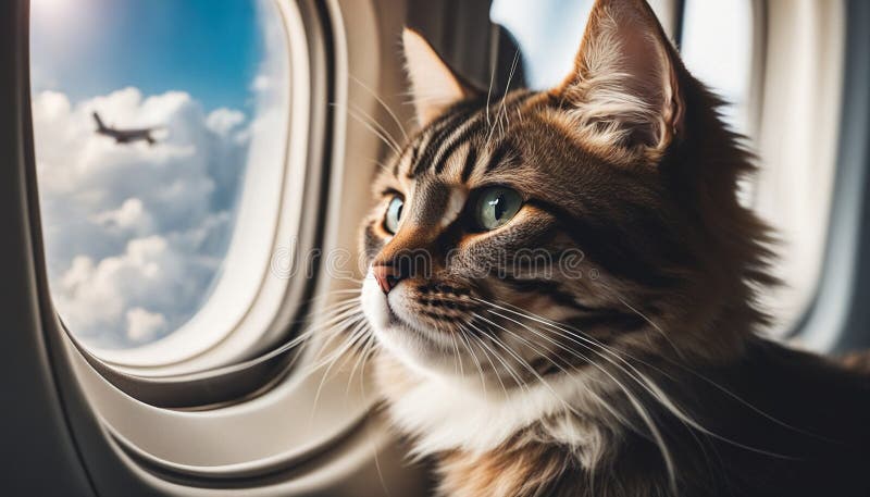 Cute Cat Looking through Airplane Window during Flight. Traveling with ...