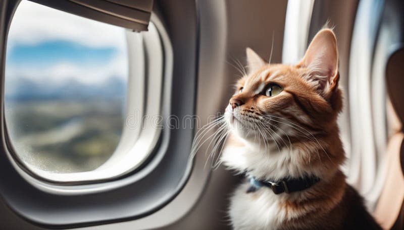 Cute Cat Looking through Airplane Window during Flight. Traveling with ...