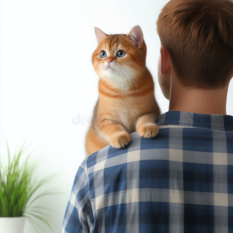 A Cute Cat Looking Over a Man& X27;s Shoulder. Stock Illustration ...