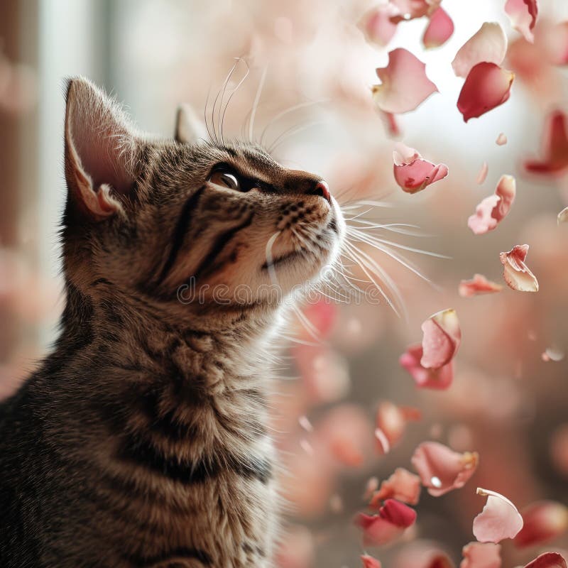 Cute Cat Looks at Falling Petals, Spring Time Stock Image - Image of ...