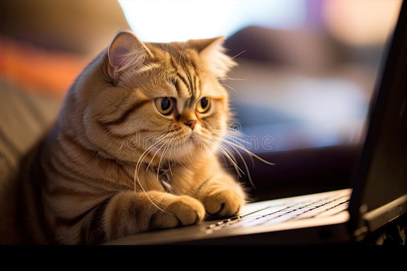 Cute Cat Looks at Laptop Screen. Work Online from Home. Stock Image ...