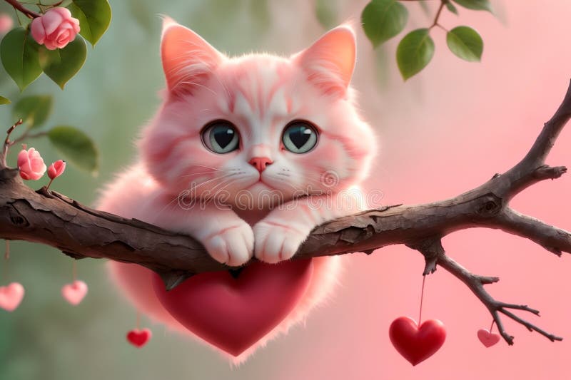 Cute Cat in Love Sitting on a Tree Branch with a Heart Stock Image ...