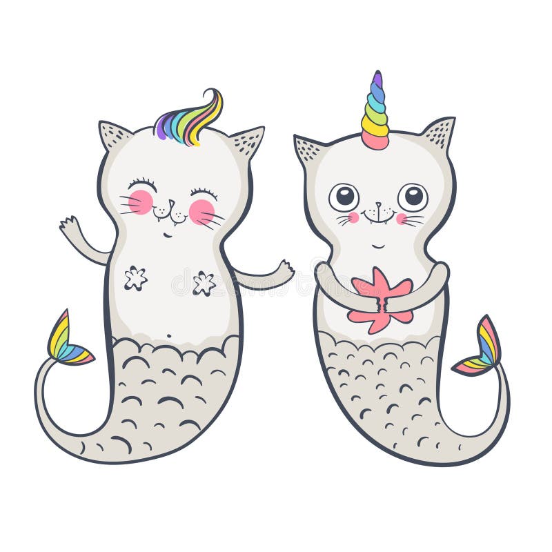 Cute Cat Mermaid, Unicorn Cat, Twins Vector Stock Vector - Illustration ...
