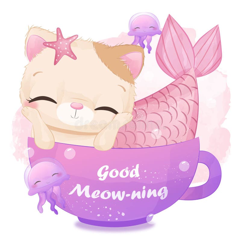 Cute Cat Mermaid in Watercolor Illustration Stock Illustration ...