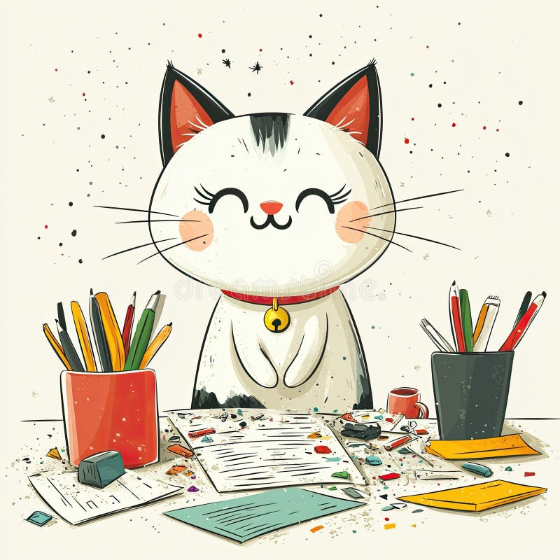 Cute Cat with Messy Desk, Overwhelmed but Still Smiling Happily Stock ...