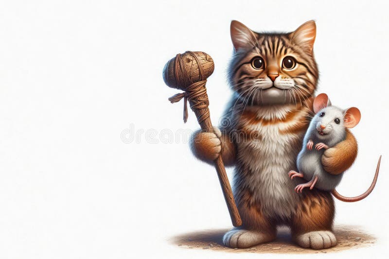 A Cute Cat with a Mouse on His Shoulder Holds a Rod Like a Chief. Space ...