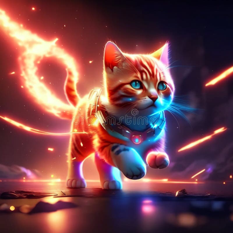 Cute Cat in Neon Light. 3D Rendering, 3d Illustration Stock ...
