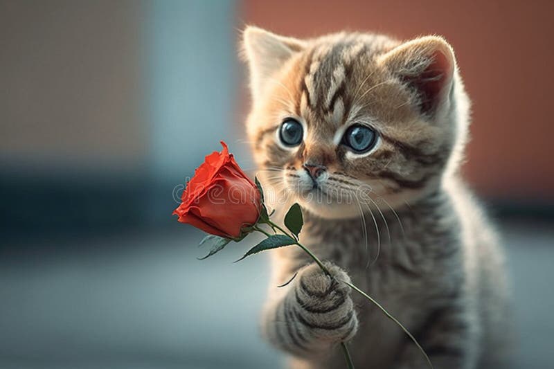 A Cute Cat Offering a Rose. AI Stock Illustration - Illustration of ...