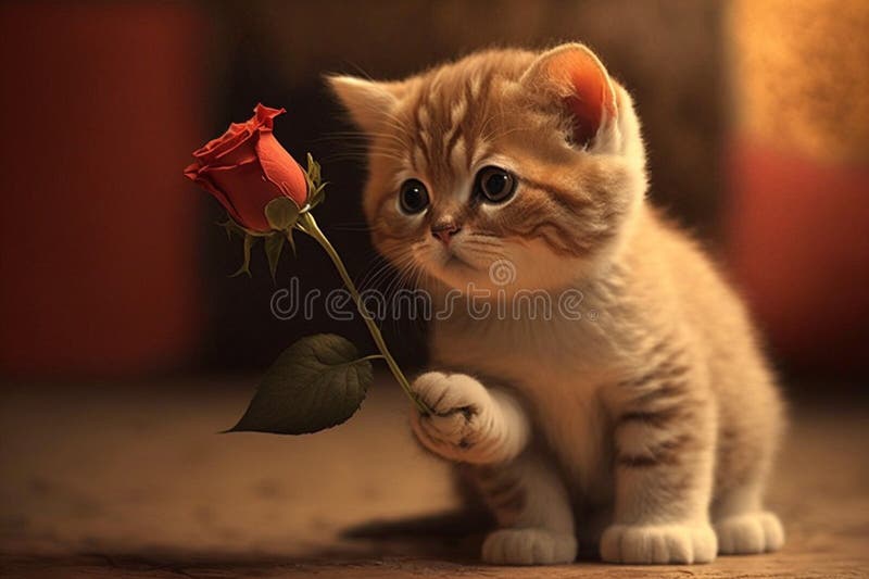 A Cute Cat Offering a Rose. AI Stock Illustration - Illustration of ...