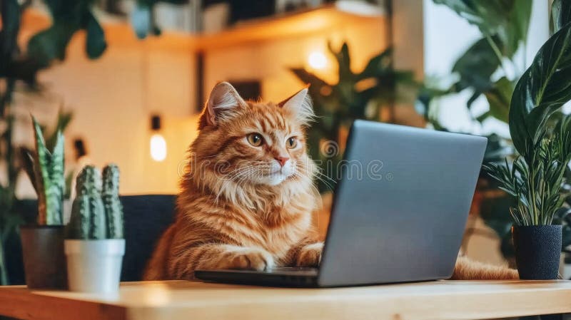 Cute Cat at Office Desk Typing on Laptop with a Focused Expression in ...