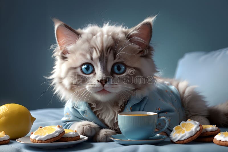 Cute Cat in Pajamas Drinks Hot Tea with Lemon Stock Photo - Image of ...