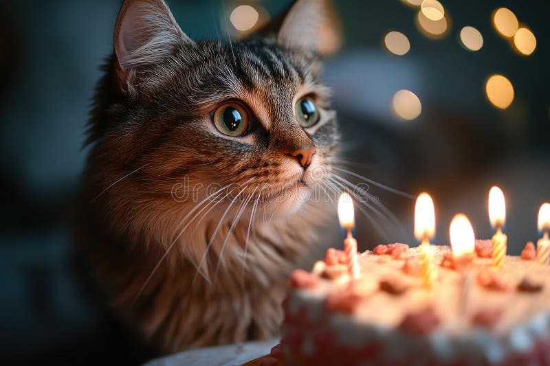 Cute Cat with a Party Cake. Congratulations on Your Birthday Stock ...