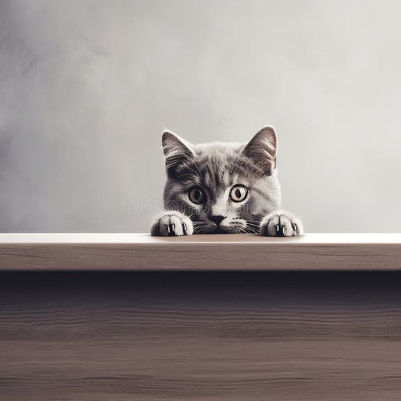 A Cute Cat Peering Over a Table with Large Empty Space. Generative AI ...