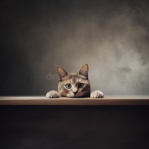 A Cute Cat Peering Over a Table with Large Empty Space. Generative AI ...