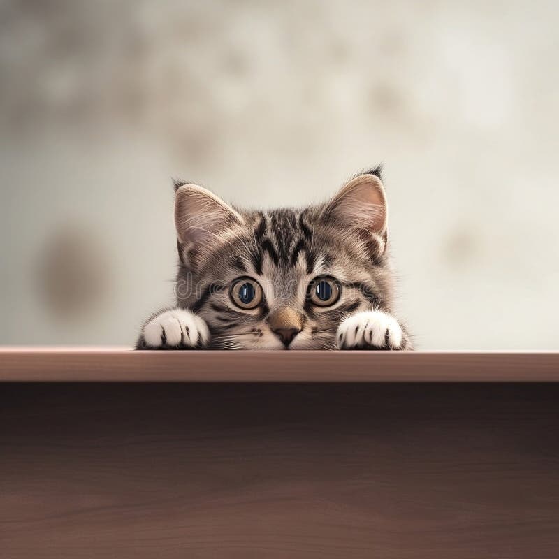 A Cute Cat Peering Over a Table with Large Empty Space. Generative AI ...