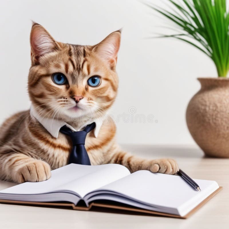 Cute Cat, Pen and Empty Notebook, Isolated on White Stock Illustration ...