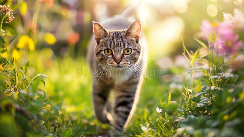 A Cute Cat Pets Outdoors in Spring: Animals Playing and Exploring ...