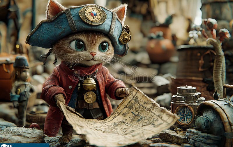 A Cute Cat Dressed As a Pirate Captain Reading a Map Stock Illustration ...