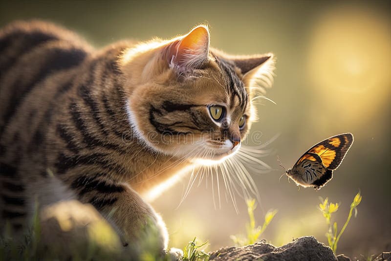 Cute Cat Playing with Butterfly Stock Illustration - Illustration of ...