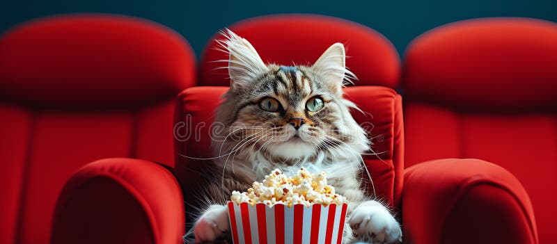 Cute Cat with Pop Corn at Cinema, AI Generated Stock Illustration ...