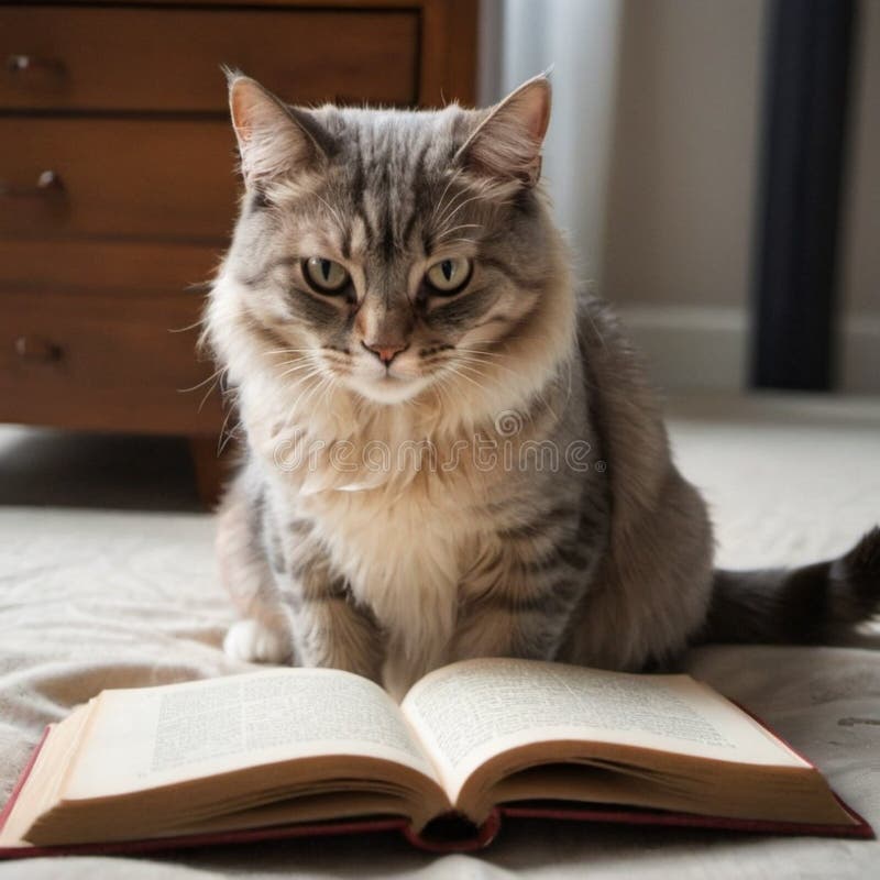 Cute Cat Reading a Book, AI Generated Image Stock Illustration ...