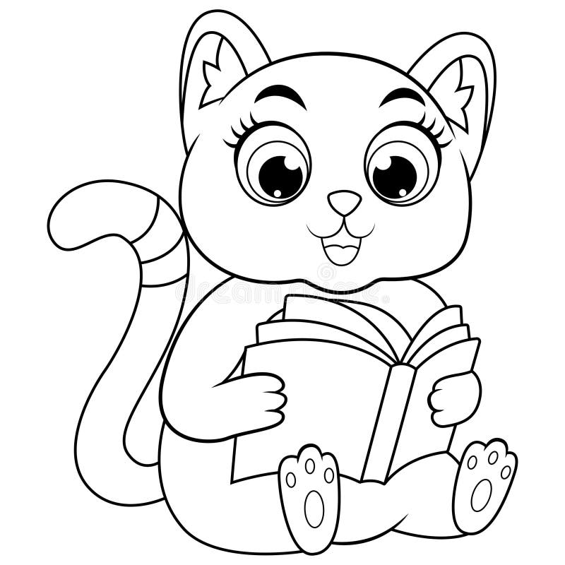 A Cute Cat Reading a Book Line Art Stock Illustration - Illustration of ...