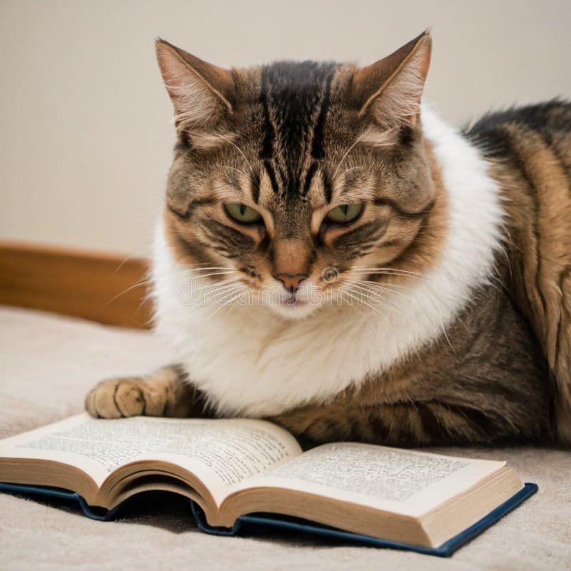 Cute Cat Reading a Book Pets Animals, AI Generated Image Stock ...