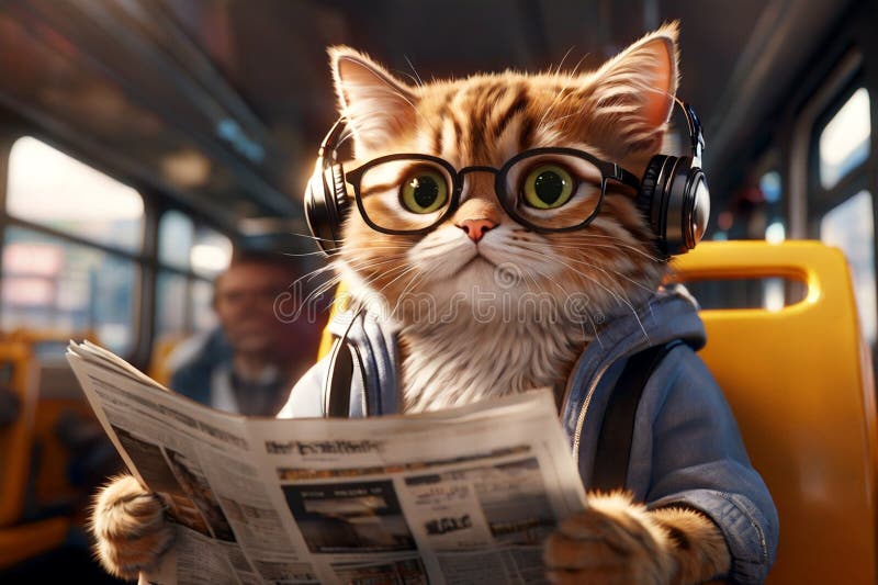 Cute Cat Reading Newspaper on the Bus Stock Illustration - Illustration ...