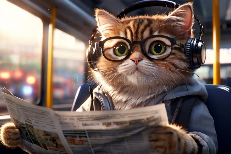 Cute Cat Reading Newspaper on the Bus Stock Illustration - Illustration ...