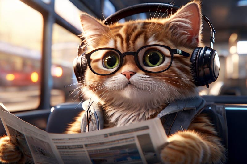 Cute Cat Reading Newspaper on the Bus Stock Illustration - Illustration ...