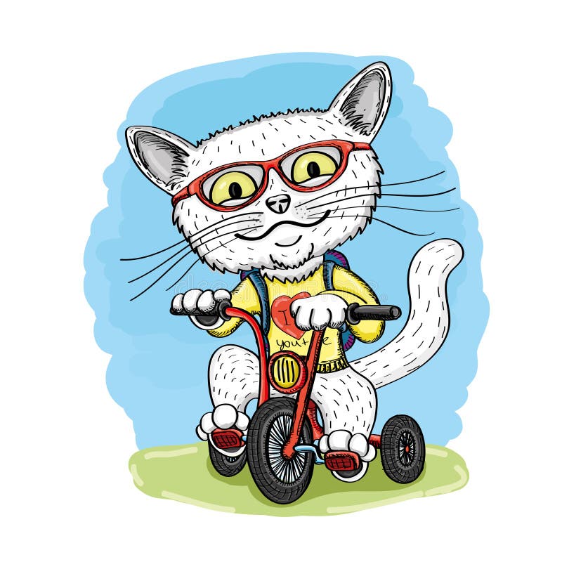 Cute cat on a red bike. stock vector. Illustration of happy - 79153371