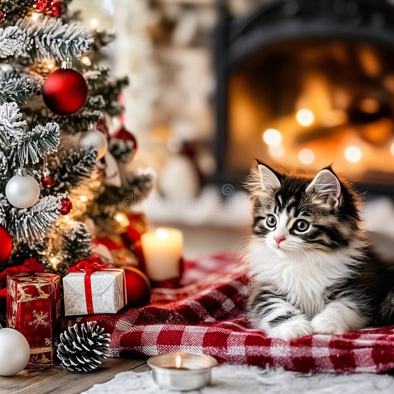 Cute Cat Relaxing by the Fireplace on Christmas Eve Stock Illustration ...