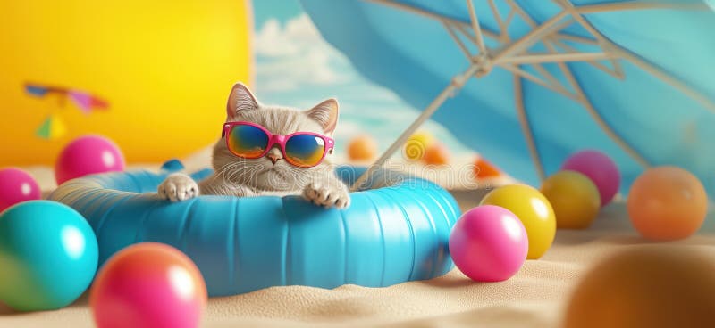Cute Cat Relaxing in Pool Float with Sunglasses at Colorful Beach Scene ...