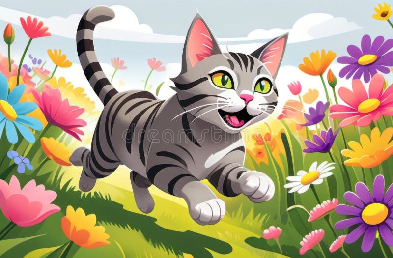 A Cute Cat Running through a Field of Flowers at 20-12-2024 Stock ...