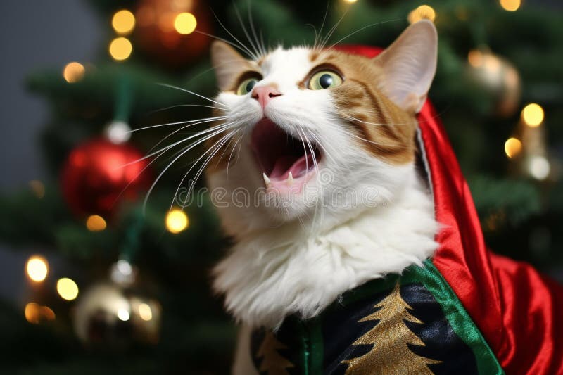 Cute Cat In Santa Costume Near Christmas Tree On Blurred Lights