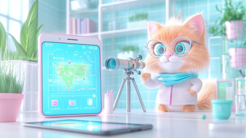 Cute Cat Scientist with Glasses Exploring Space on Tablet in Bright ...