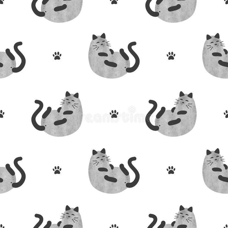 Cute Cat Seamless Pattern. Vector Watercolor Cats Illustration for Kids ...