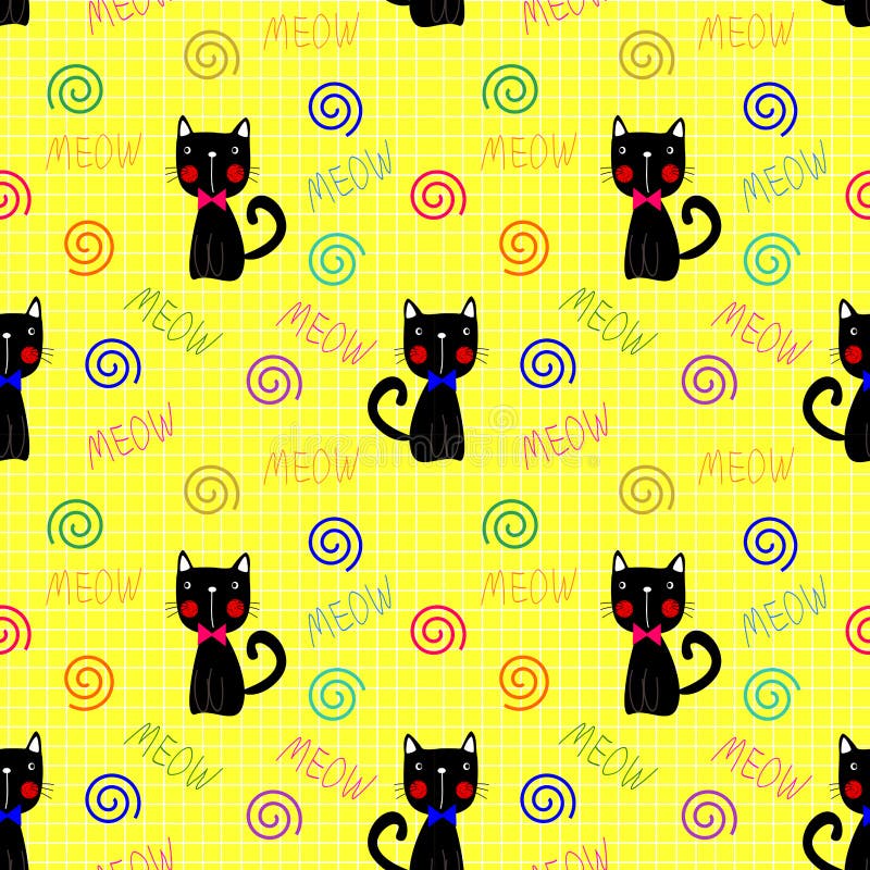 Cute Cat Seamless Pattern Vector. Lovely Cat in Bright Yellow ...